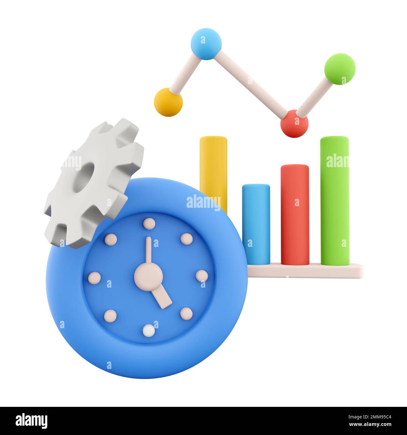 3d rendering alarm clock with gear growth bar graph icon. 3d render ...