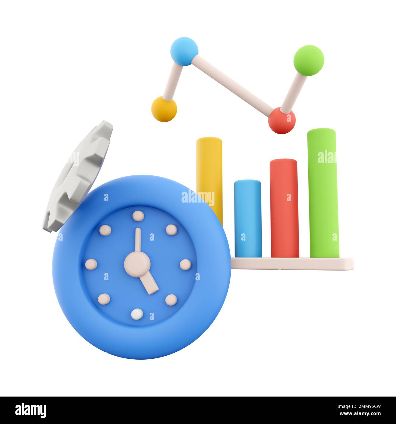 3d rendering alarm clock with gear growth bar graph icon. 3d render ...
