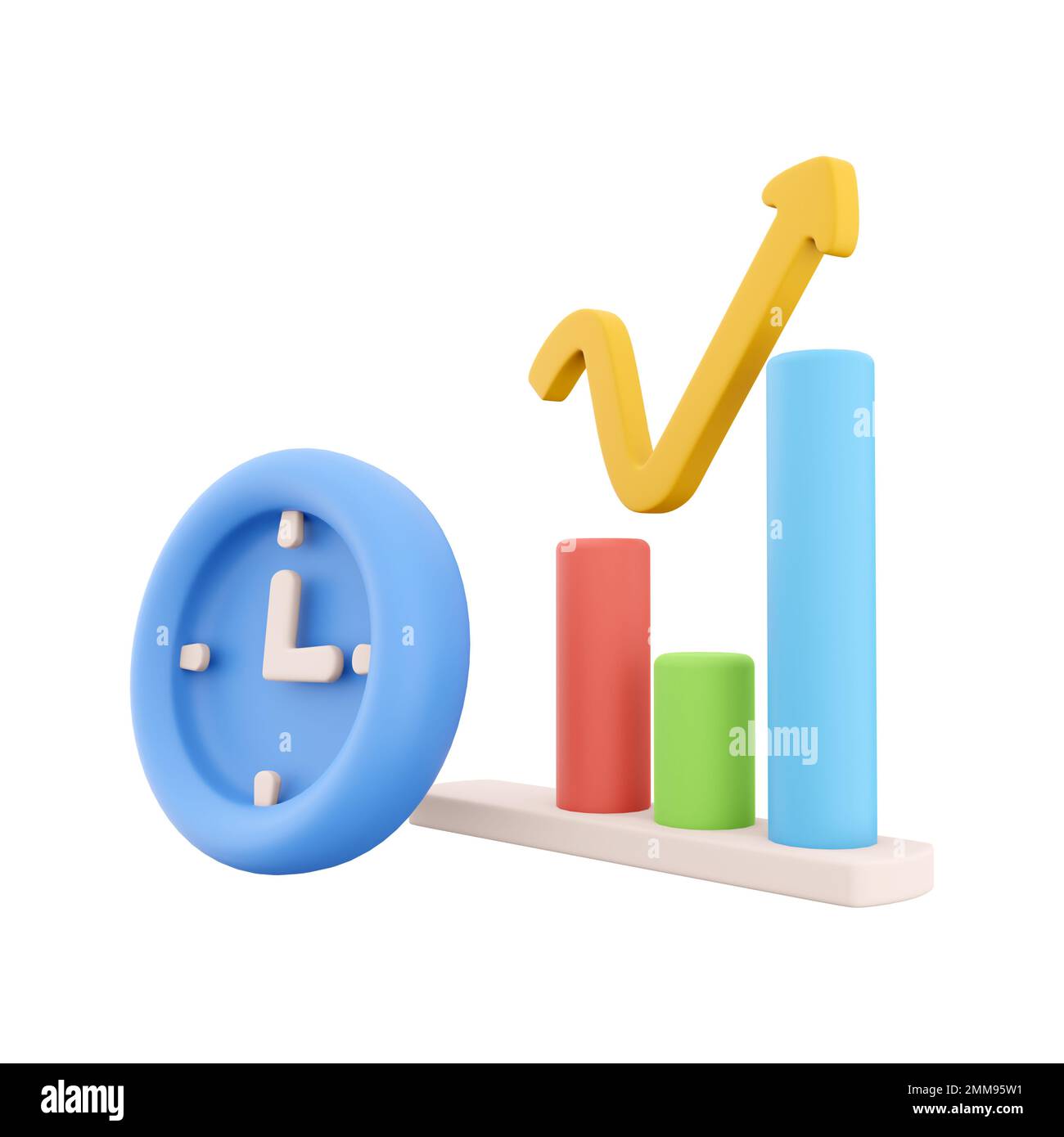 3D rendering clock and color graphs pointing up icon. 3d render chart ...