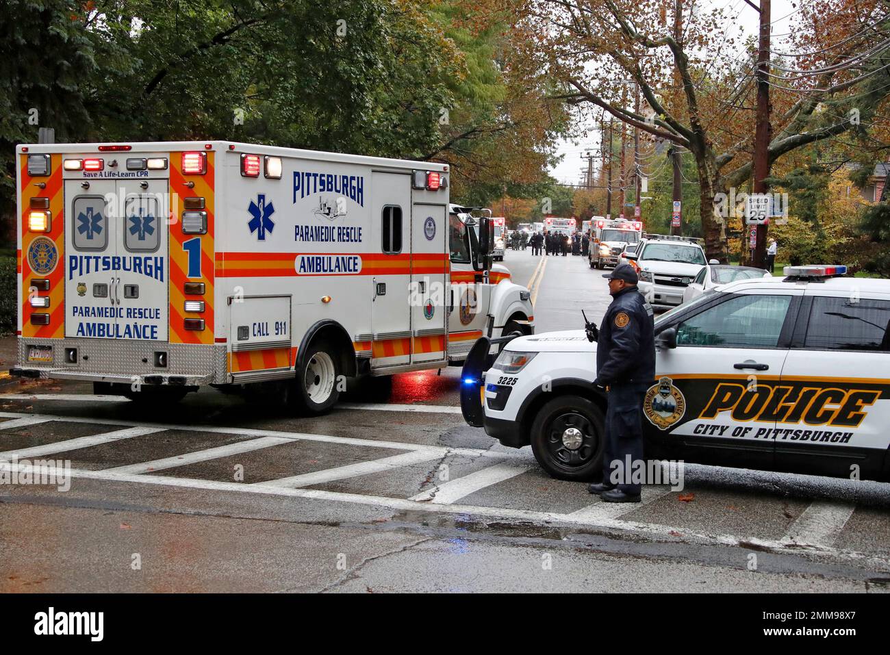 An ambulance arrives at the Tree of Life Synagogue where a shooter ...