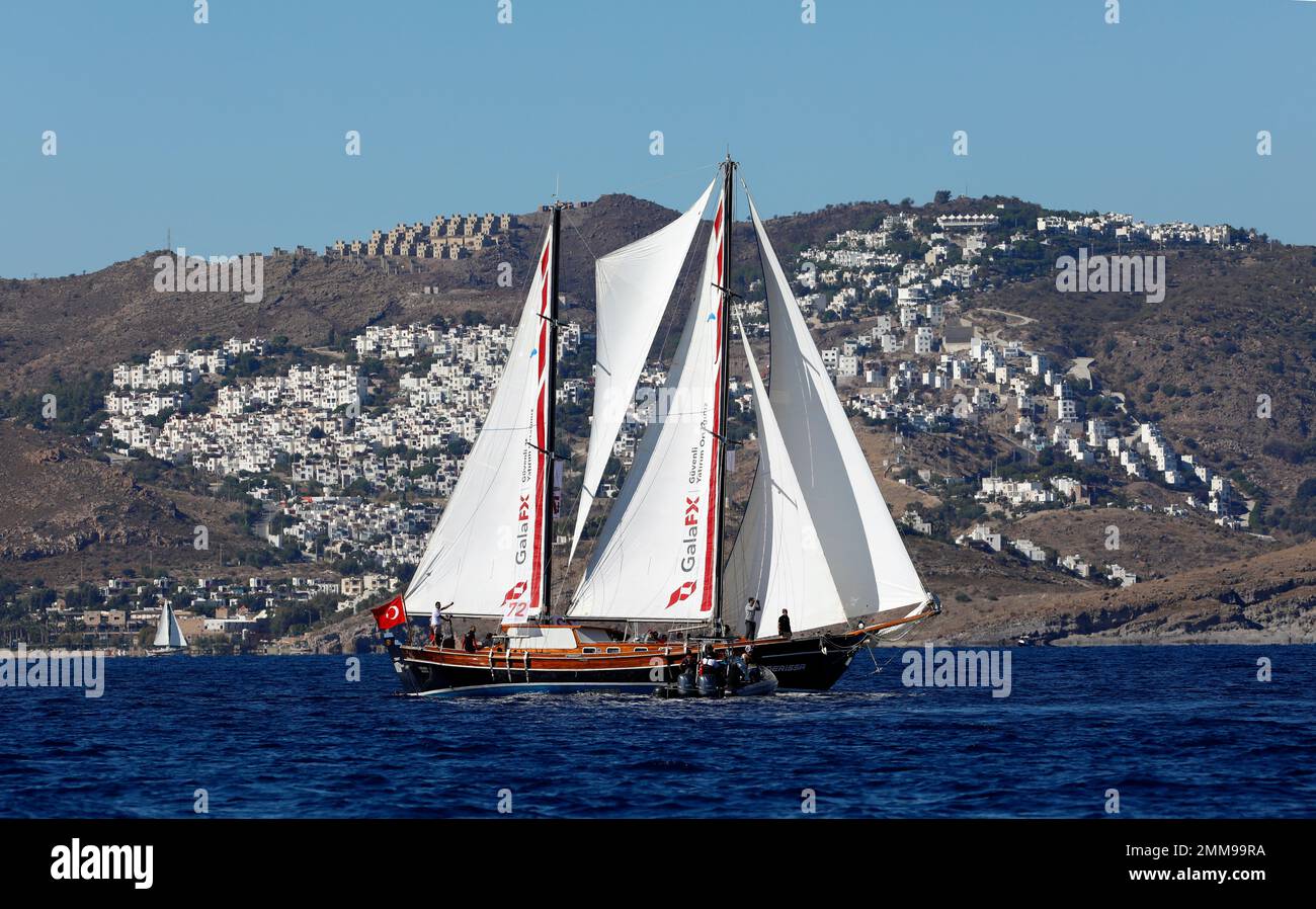 A gulette, the traditional and popular cruise vessel in Turkey, sails ...