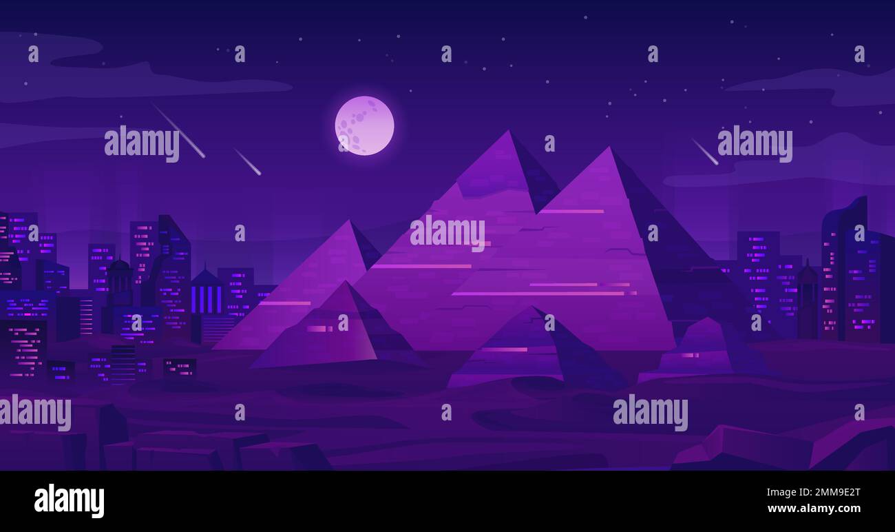 Neon egypt. Night purple light of pyramid giza plateau background ...