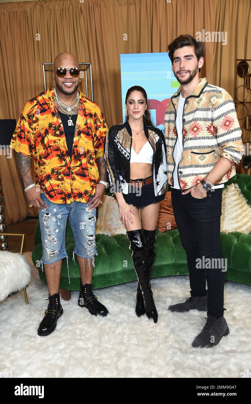 Flo Rider, from left, Titi and Alvaro Soler pose backstage at the Latin ...