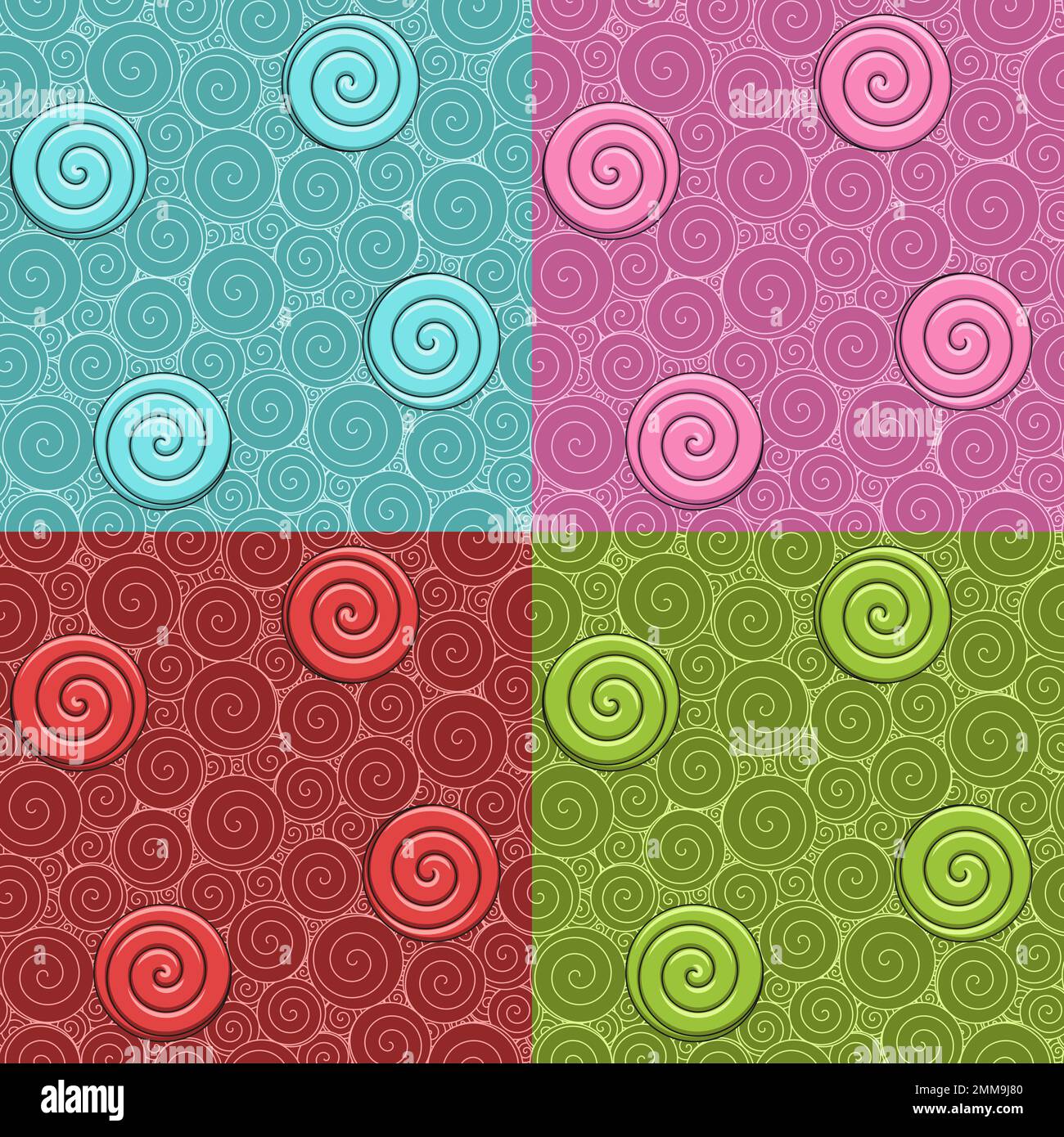 Set of seamless patterns with swirls and candies. Colored vector ...
