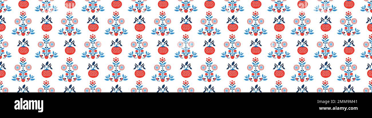 Red and blue folkart quilt vector border. Seamless scandi all over ...