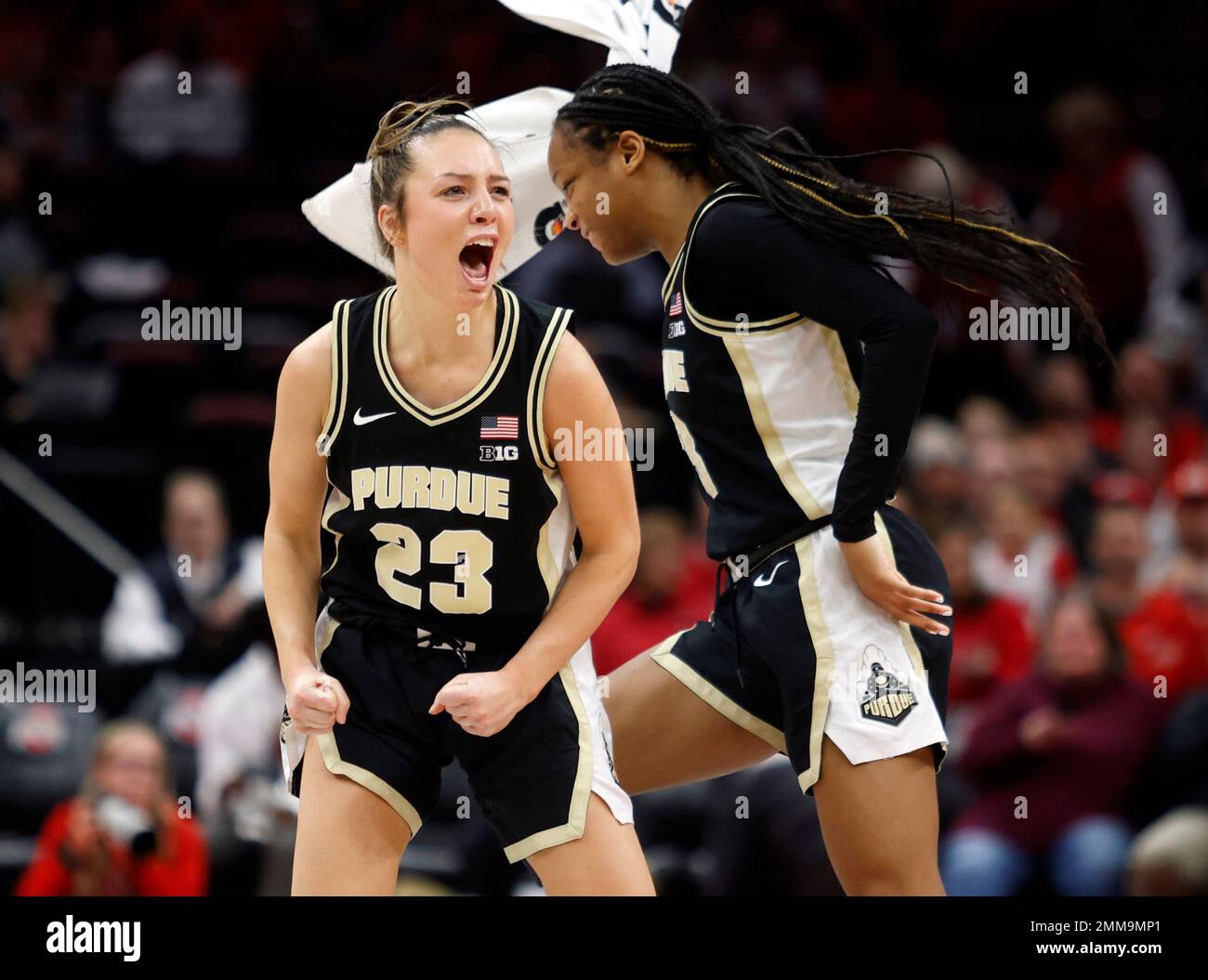Purdue guard Abbey Ellis, left, and teammate guard Jayla Smith ...