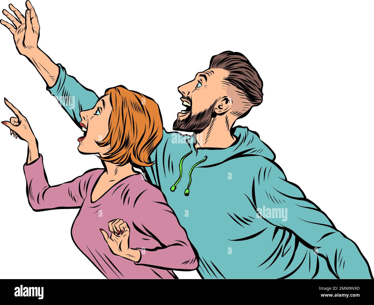 woman and man couple People point with their hand. Template advertising ...