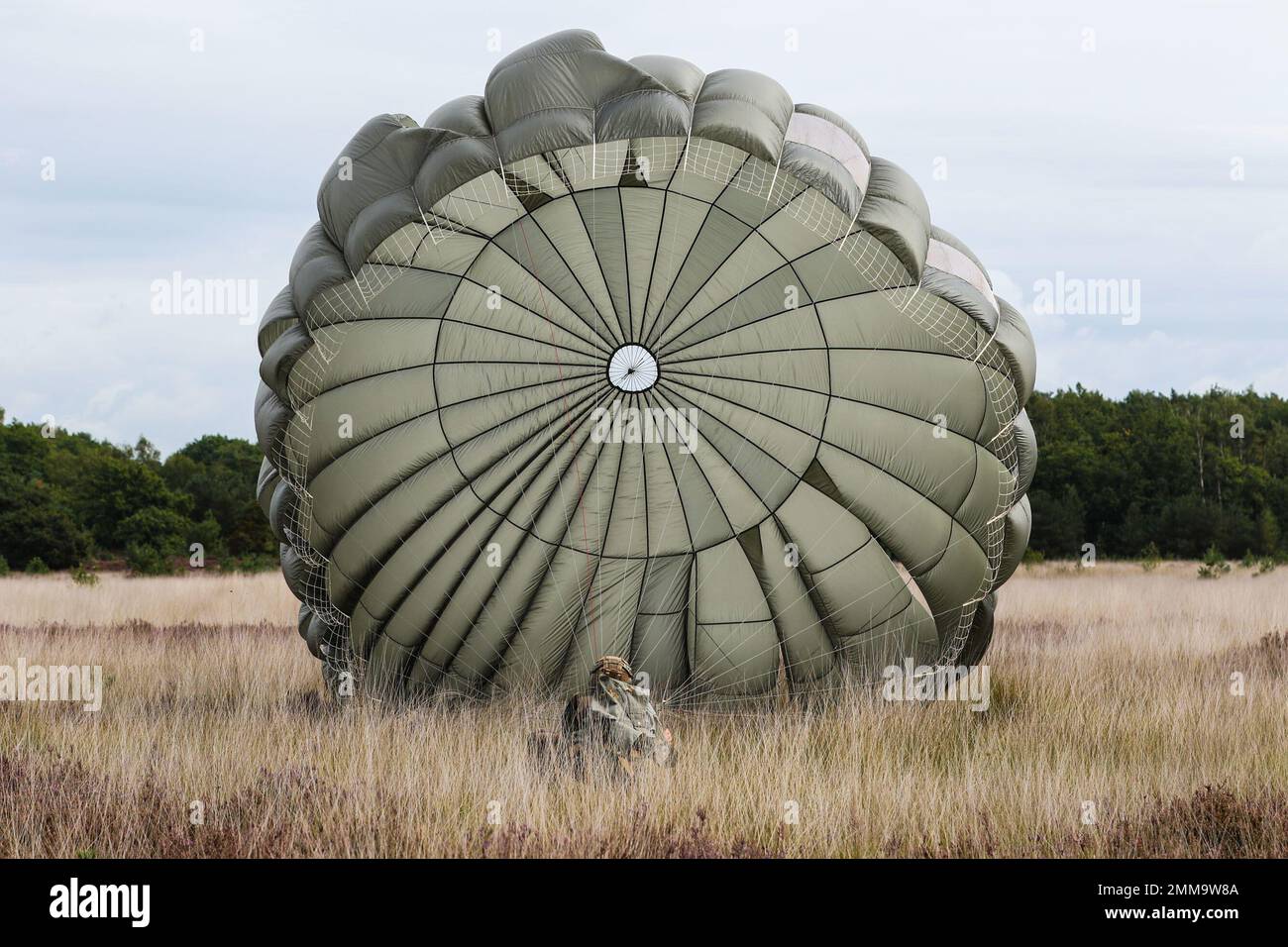 A Paratrooper packs his shoot after landing on Hechtelse Heide Drop ...