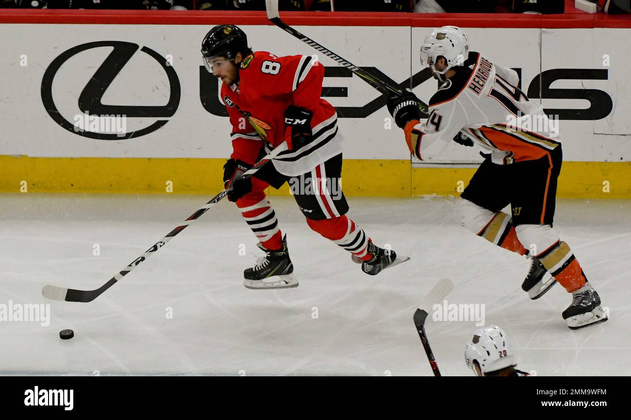 Chicago Blackhawks center Nick Schmaltz (8) skates away from Anaheim ...