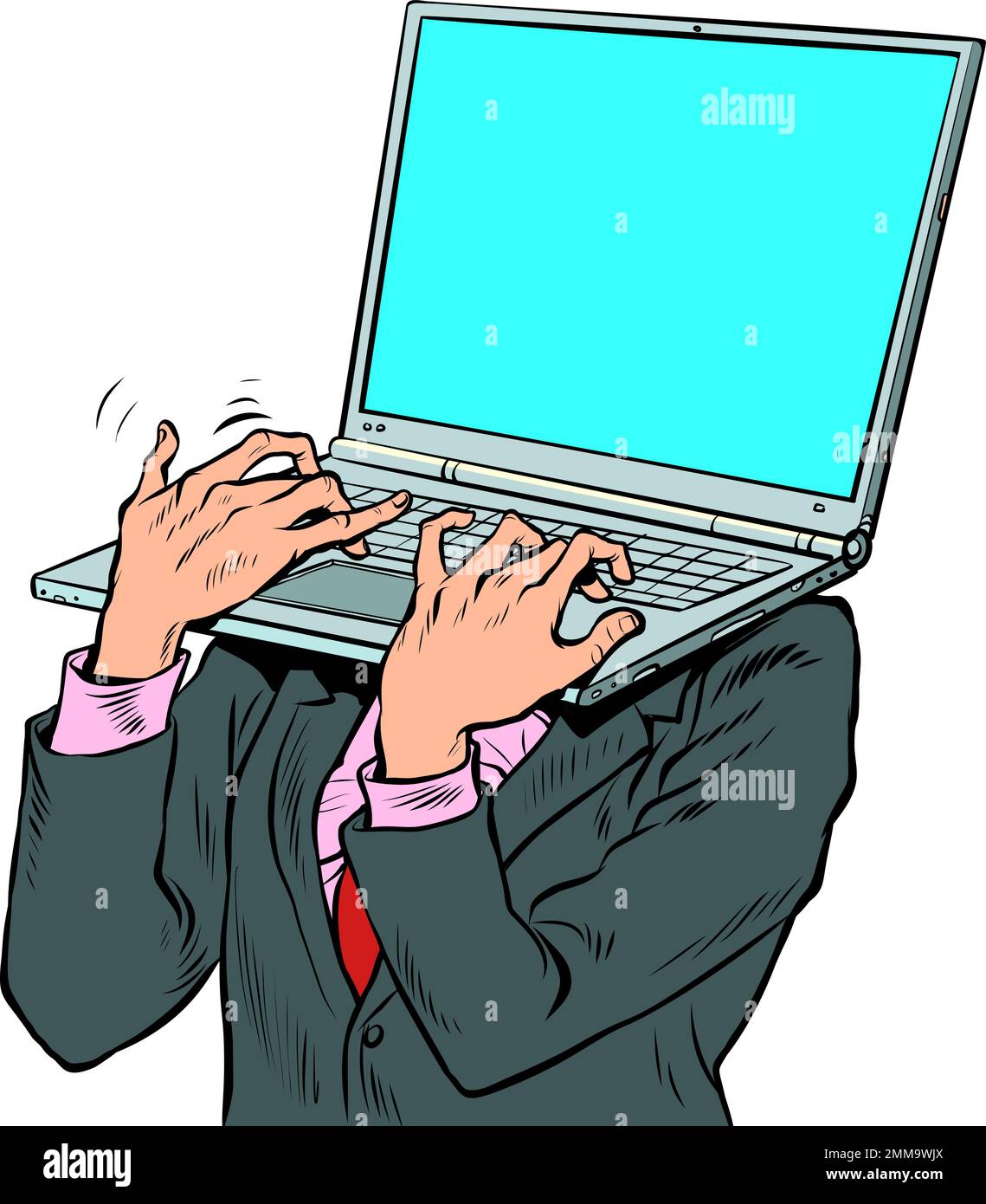 Pop art businessman with laptop laptop instead of a head. An electronic ...