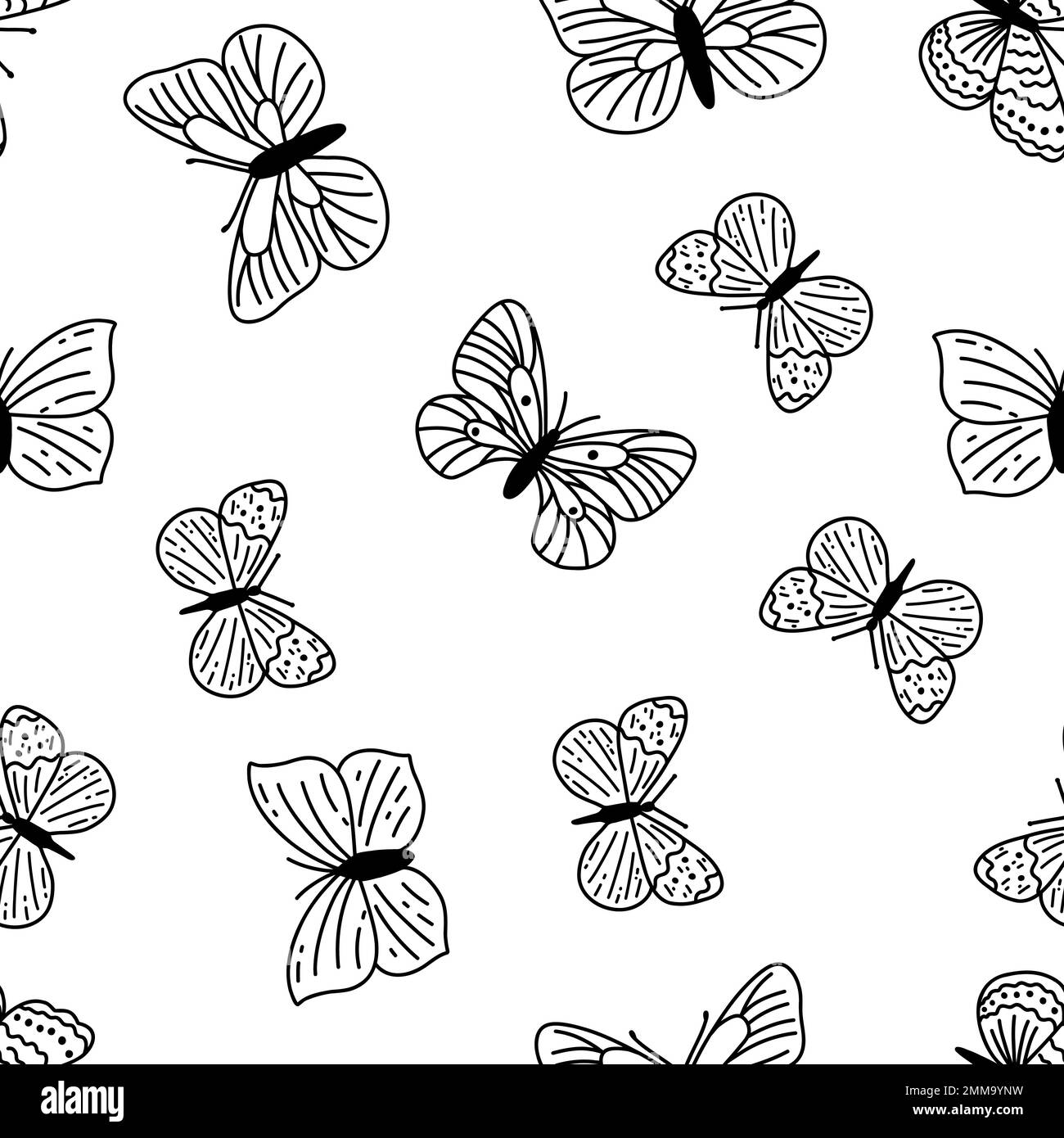 Seamless pattern with doodle butterflies. Hand drawn vector background ...