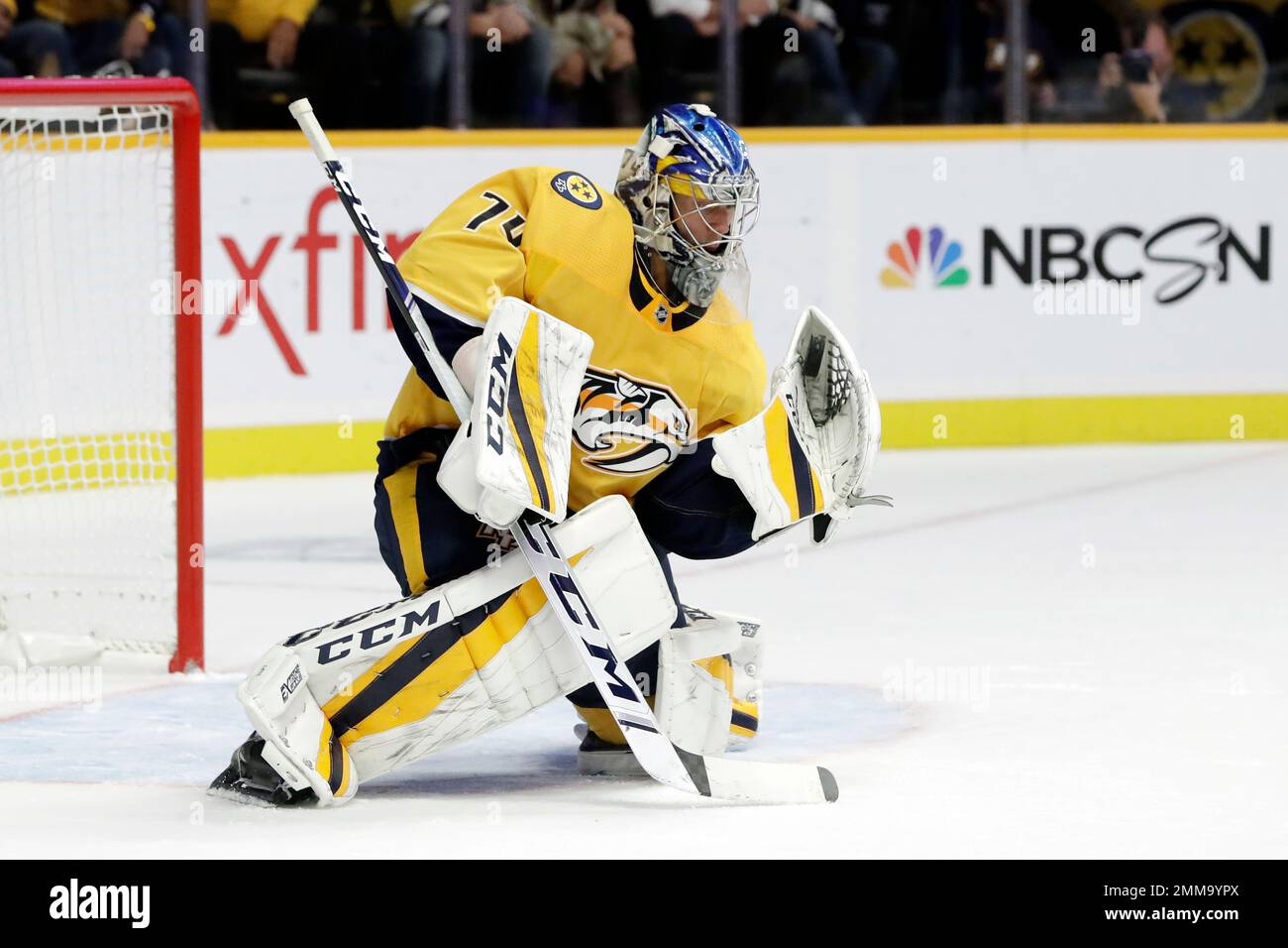 Nashville Predators goaltender Juuse Saros, of Finland, makes a save ...