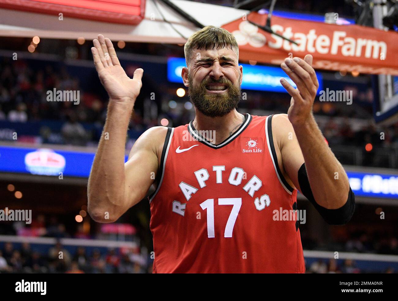 Toronto Raptors center Jonas Valanciunas, of Lithuania, reacts during ...