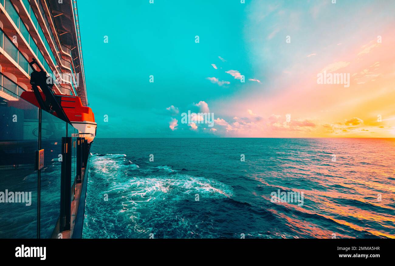 Wide angle view of the big cruise ship sailing through the atlantic ...