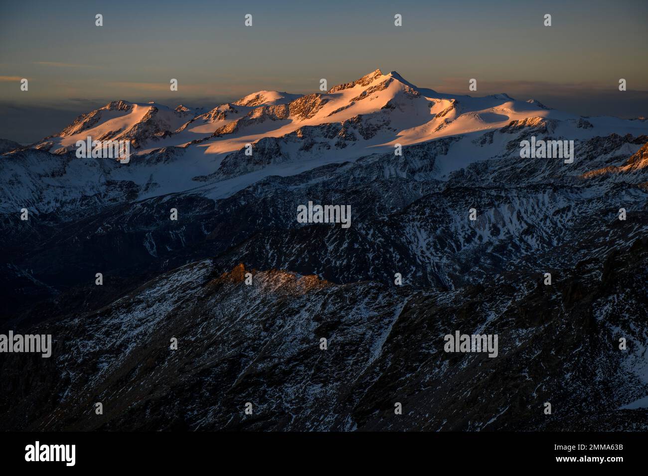 Snowy summit of Monte Cevedale in the morning light, Martell Valley ...
