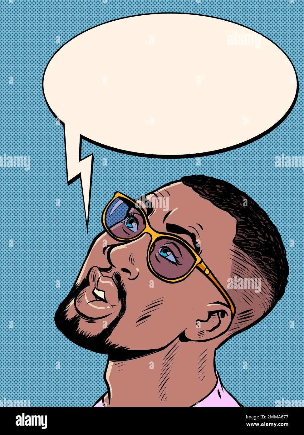 Pop art handsome man looks up with surprise. Large face. Businessman ...