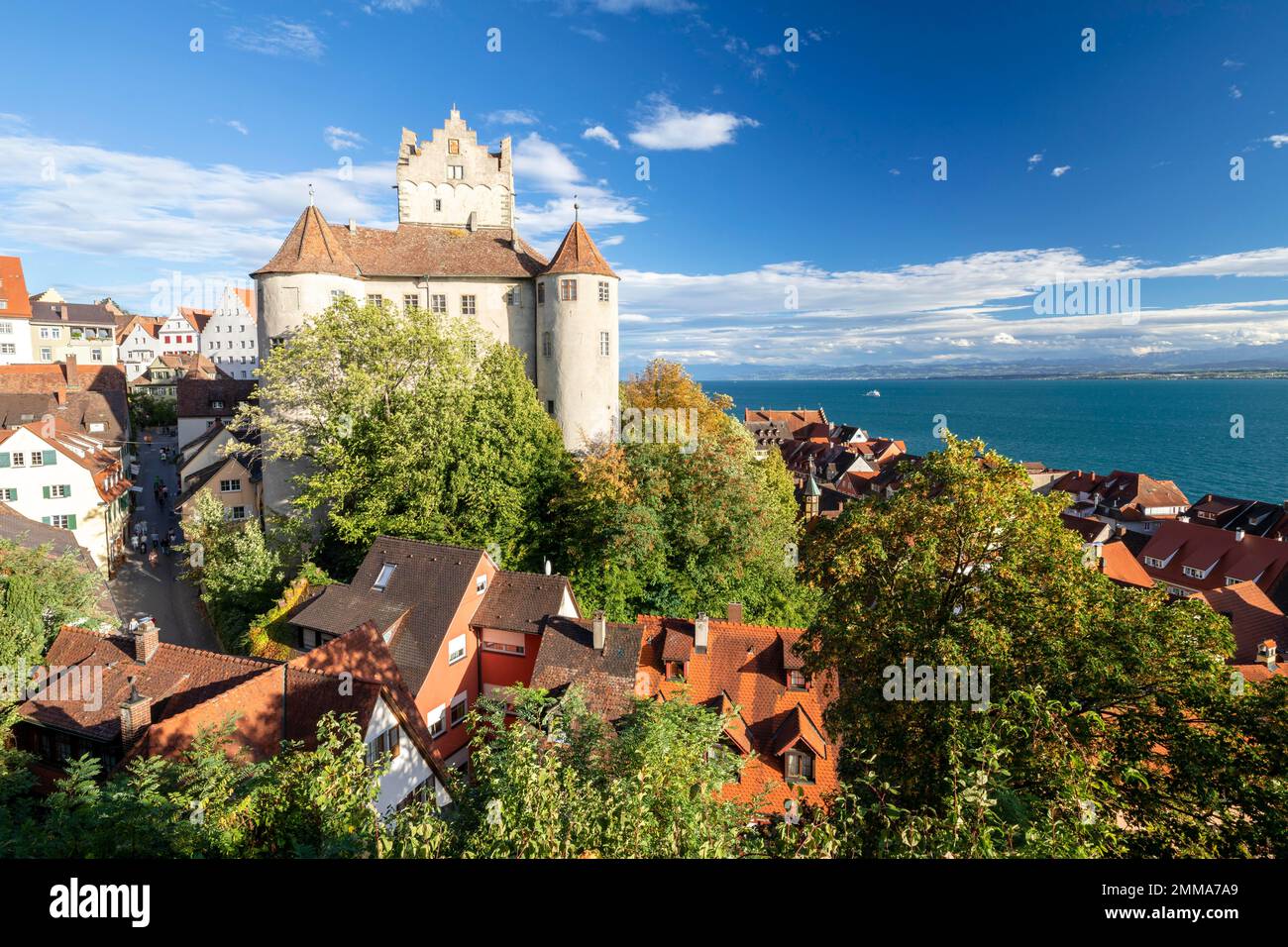 Meersburg Castle in the sunshine with a view of the Alps, Meersburg ...