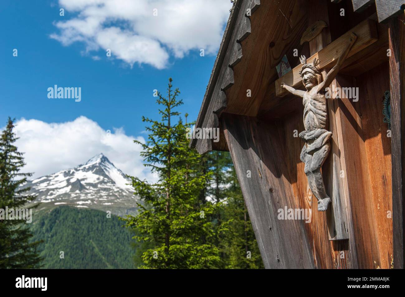 Wayside cross, field cross, Materl, wooden carved Jesus on the cross ...