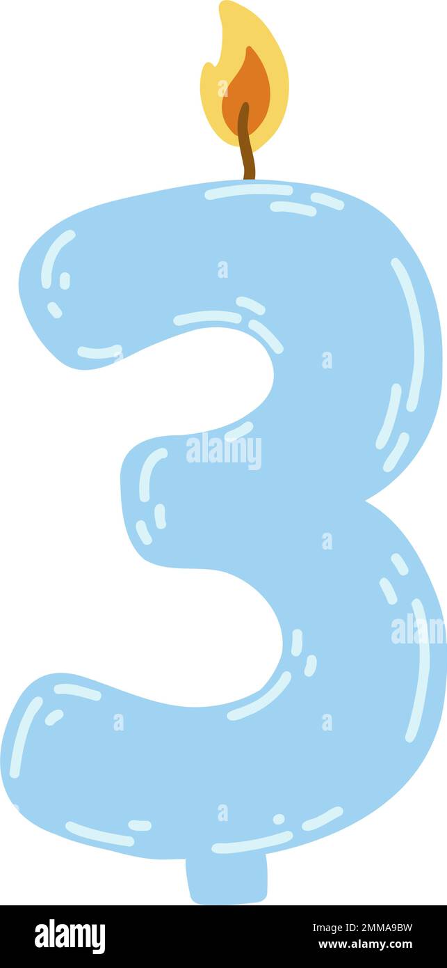 Candle number three in flat style. Hand drawn vector illustration of 3 ...