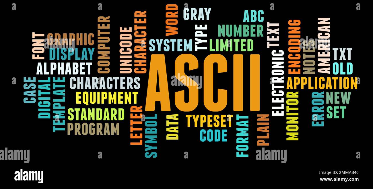 ASCII characters set word cloud concept on black background Stock Photo - Alamy