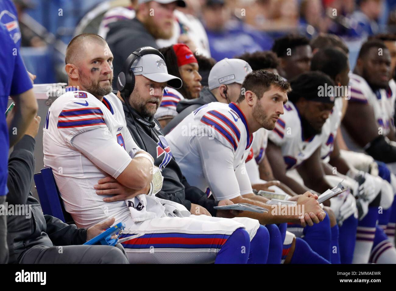 Buffalo Bills quarterback Derek Anderson (3) sits on the bench in the ...