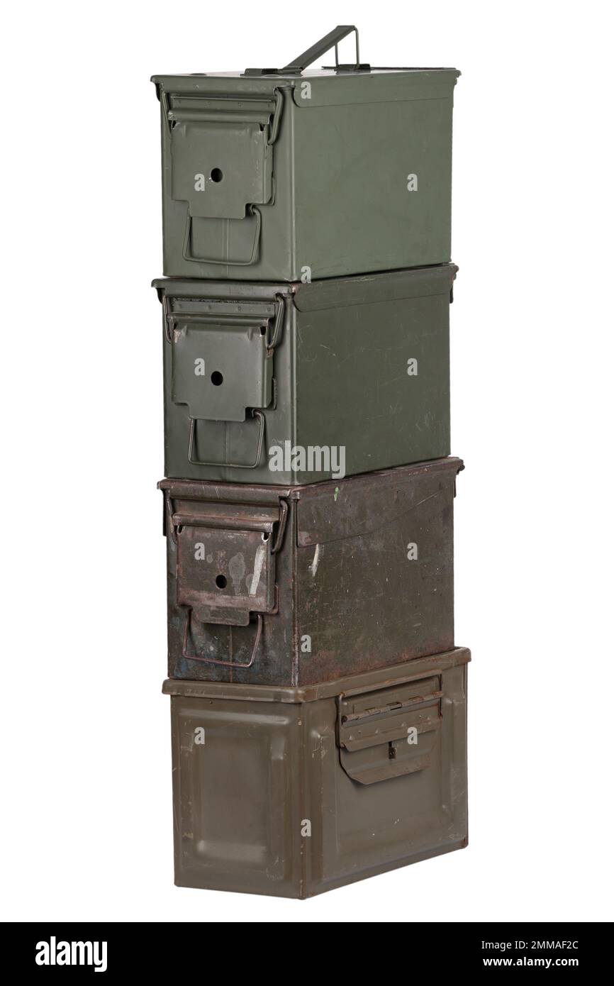 Stack of US army ammo cans isolated on white background Stock Photo - Alamy