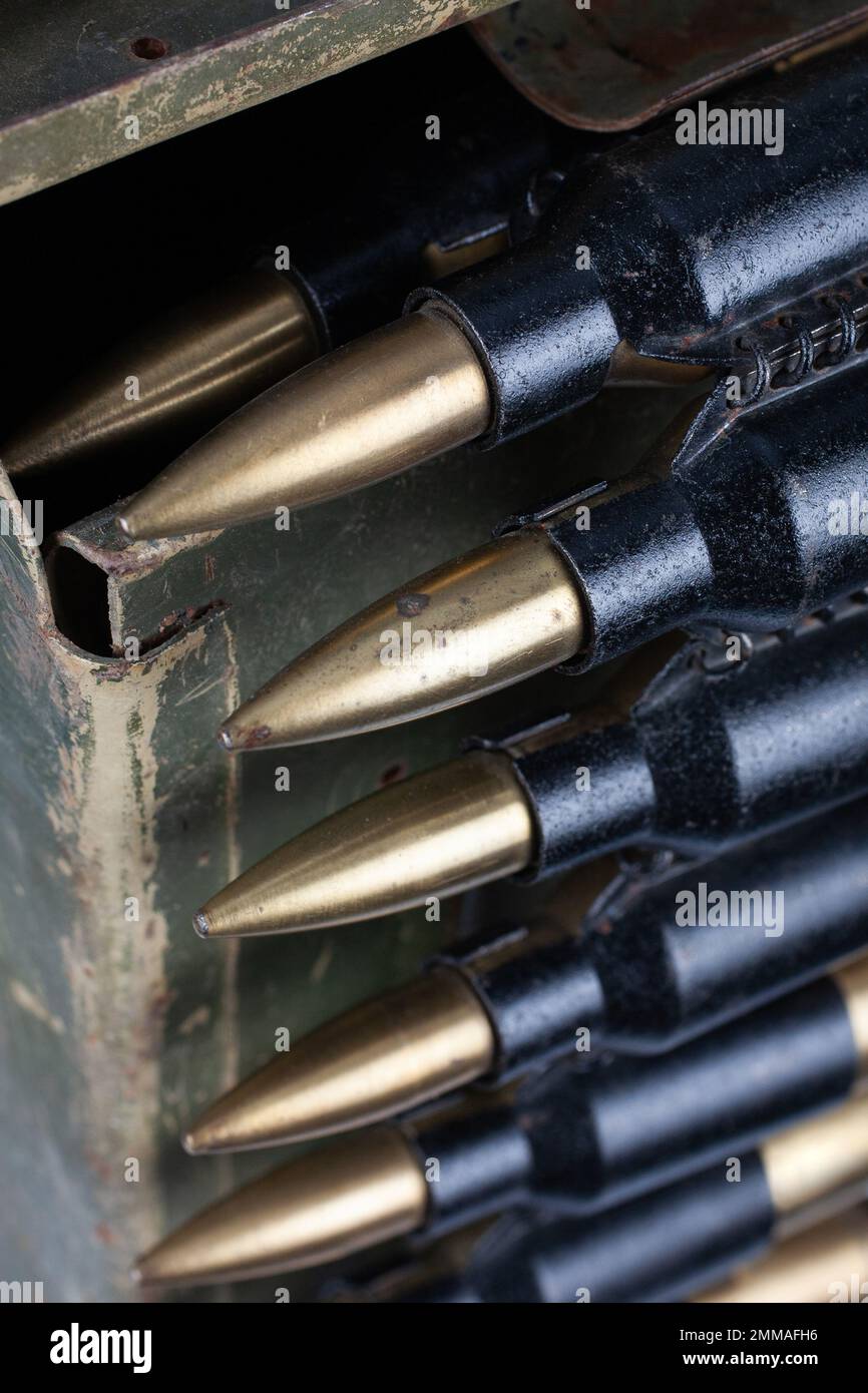 Ammo box with ammunition belt and 14.5mm cartridges for a 14.5mm KPVT ...