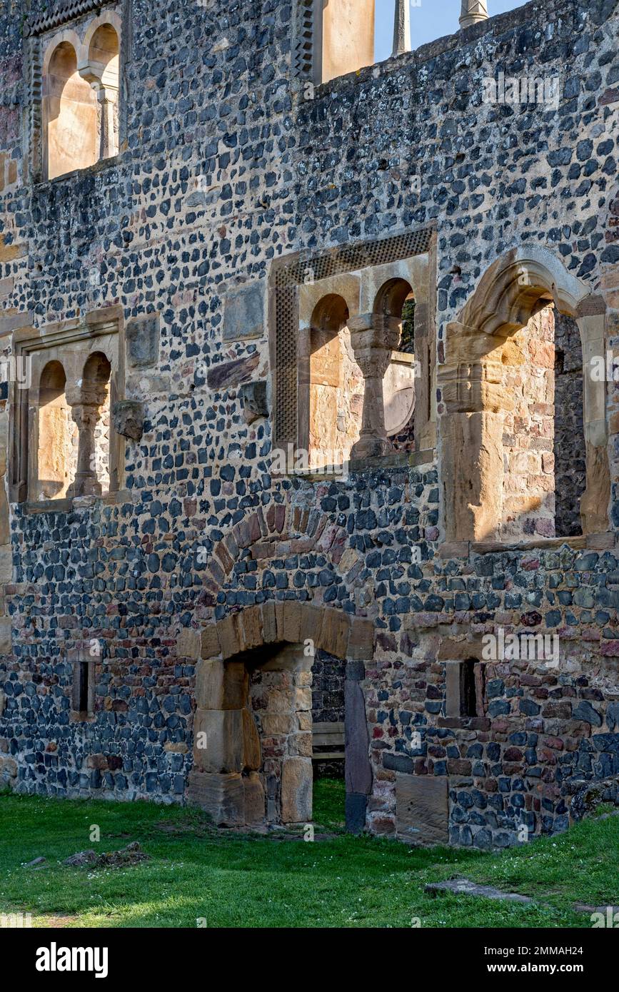 Facade of the Romanesque Muenzenberg Palas with windows and arcades ...