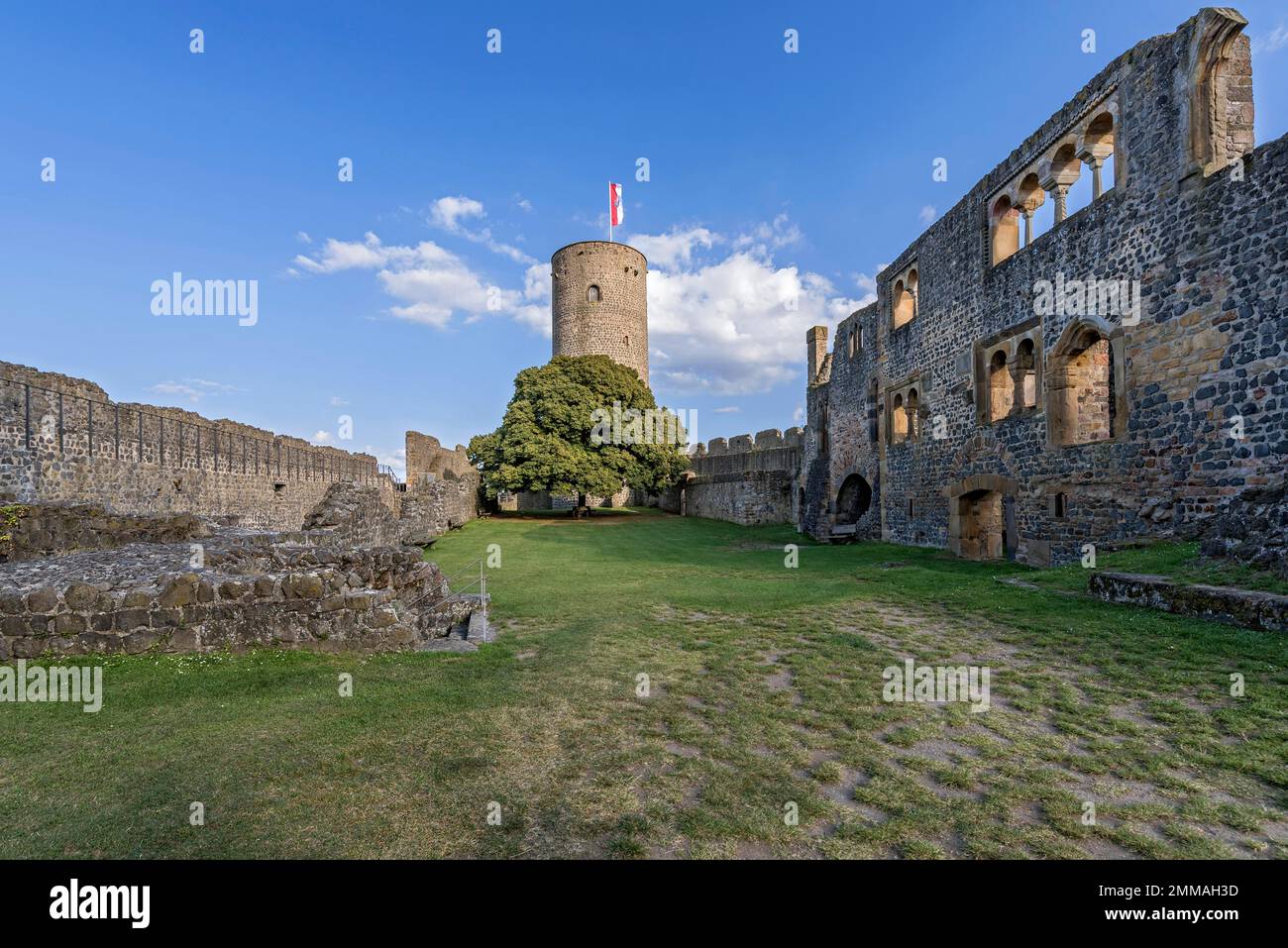 Ring wall, castle tower eastern keep, old lime tree, Romanesque ...