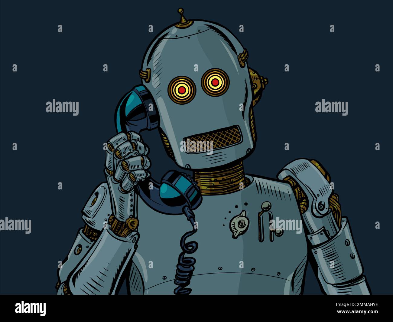A humanoid robot speaks on an old wire telephone. Artificial ...