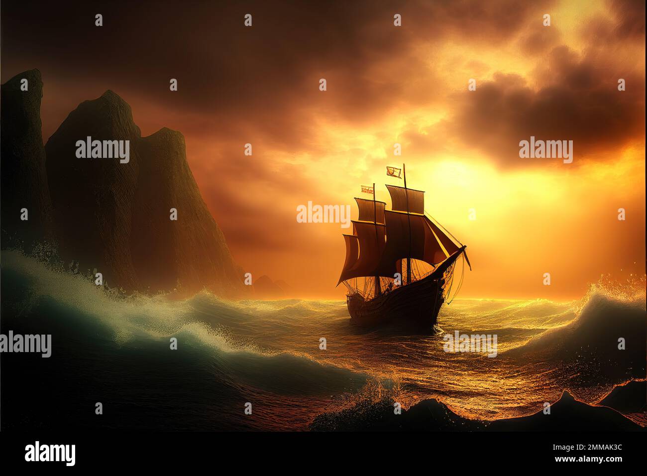 an impressive cinema inspired medieval ship scene on water Stock Photo ...