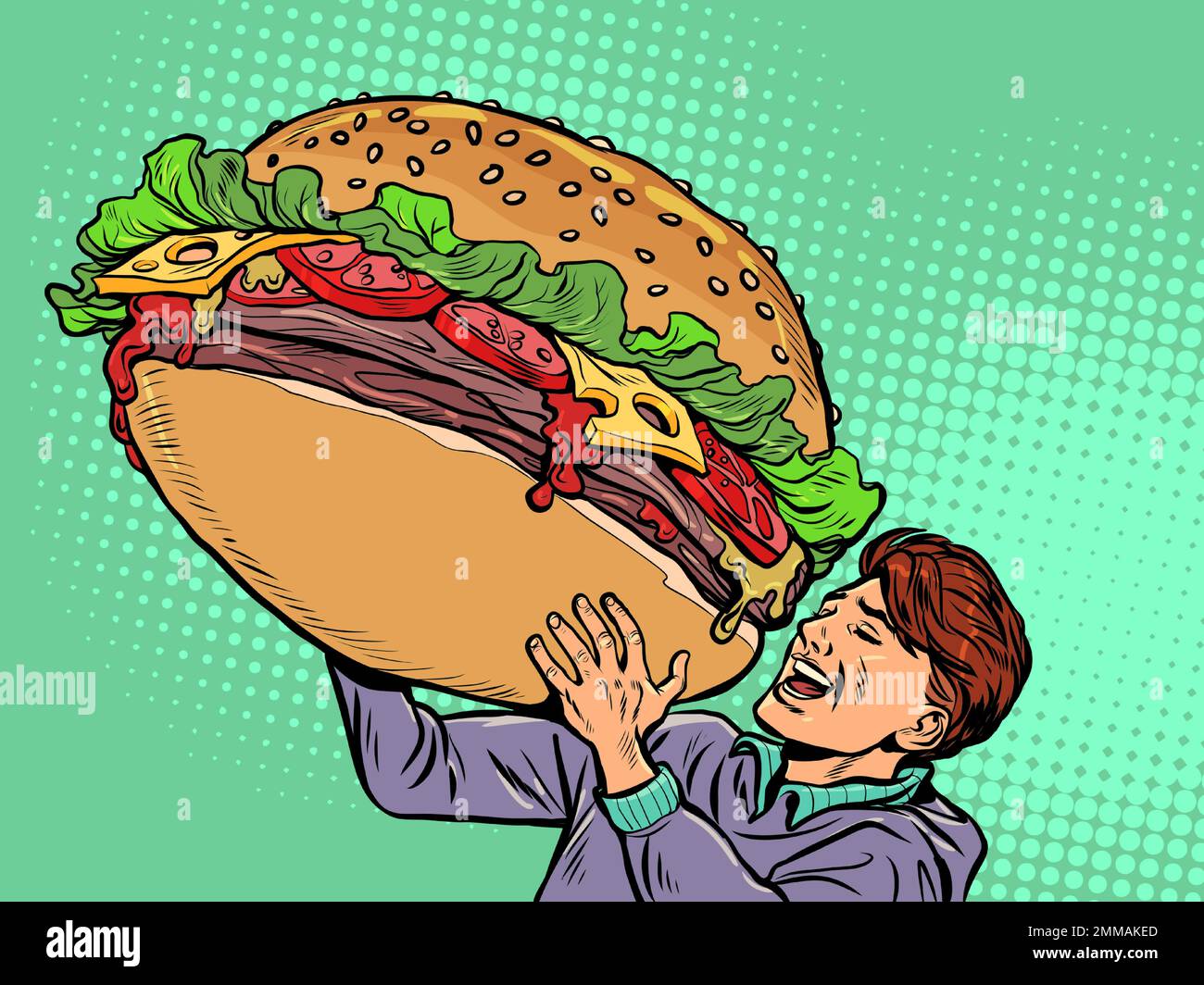 Joyful man and a huge burger. Street food fast food. Hungry man ...