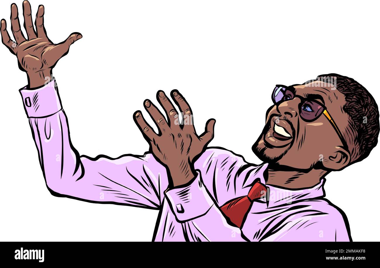 Joyful African businessman. Pose waiting for a treat. Hands up ...