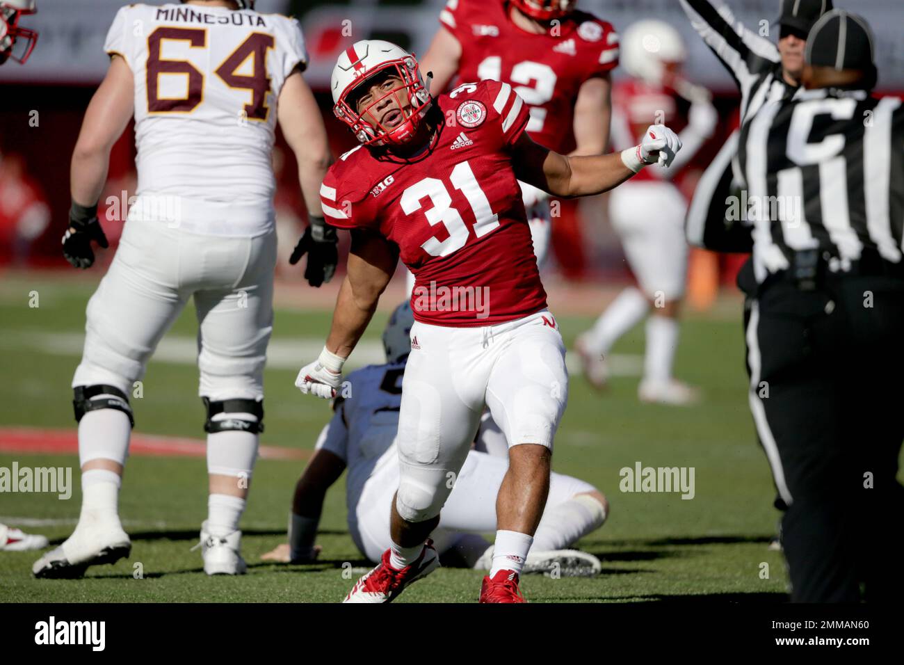 Nebraska linebacker Collin Miller (31) celebrate a tackle of Minnesota ...