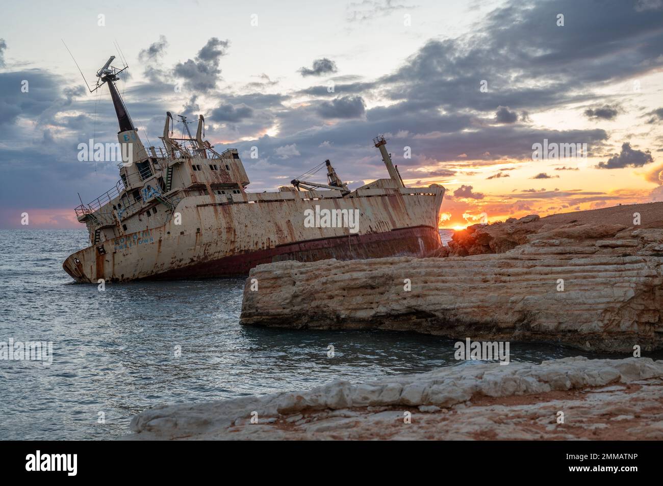 Wreck of Edro III on the shore at Coral Bay, Paphos, Cyprus Stock Photo ...