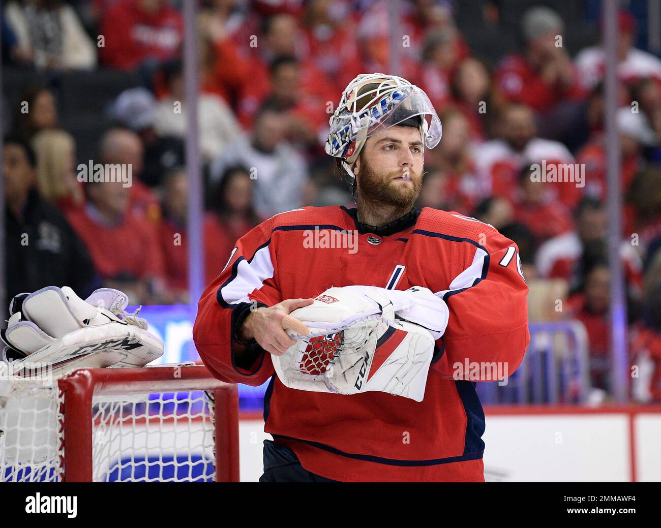 Washington Capitals goaltender Braden Holtby (70) stands on the ice ...