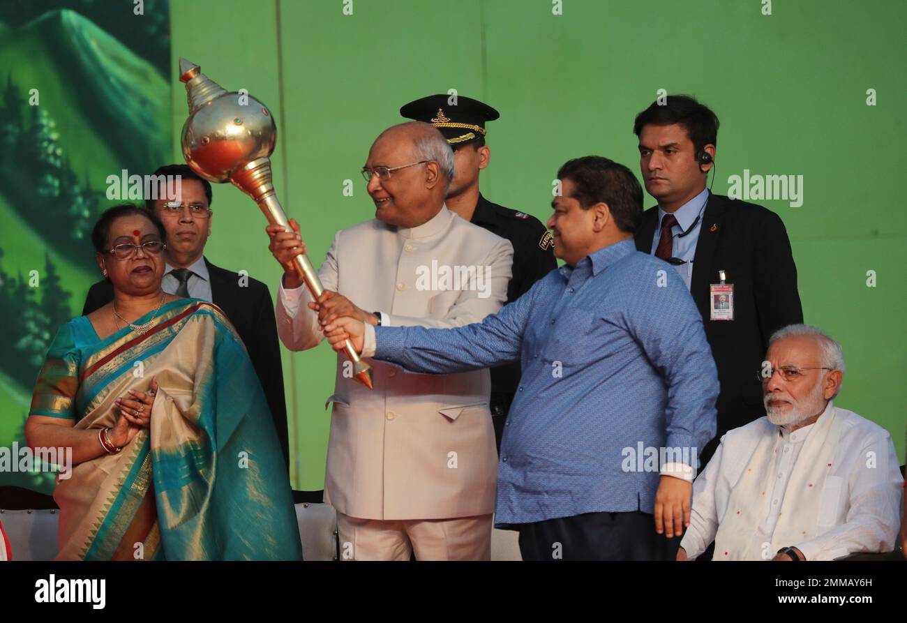 An organizer presents a Gada, or a mace, used by monkey-god Hanuman as ...