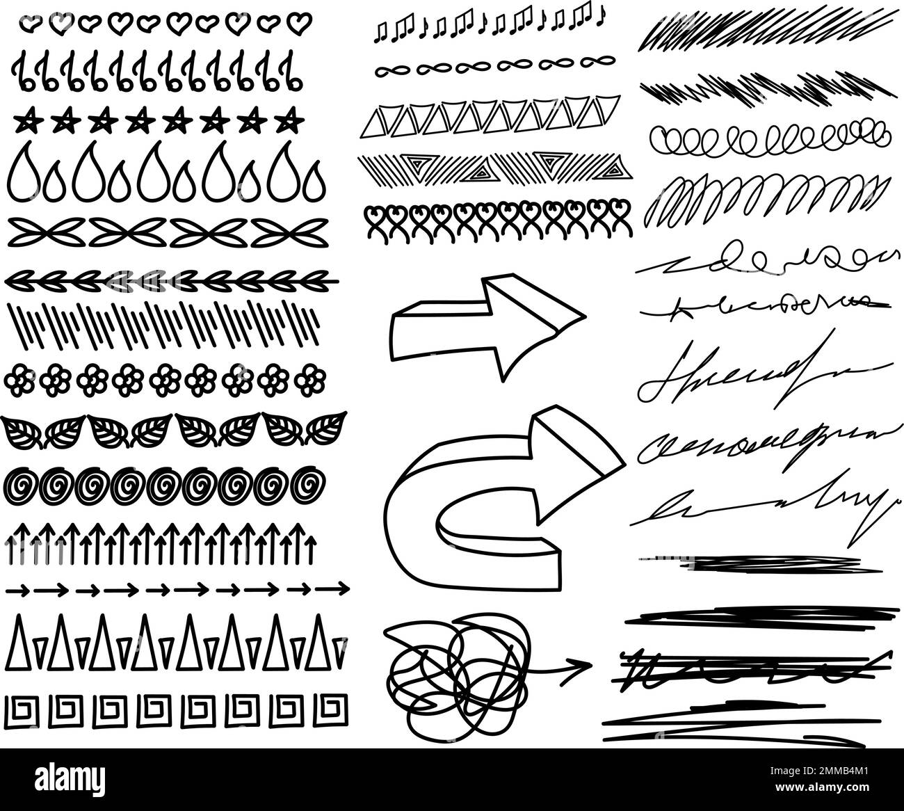 Hand drawn doodle design elements, black on white background. Swishes ...