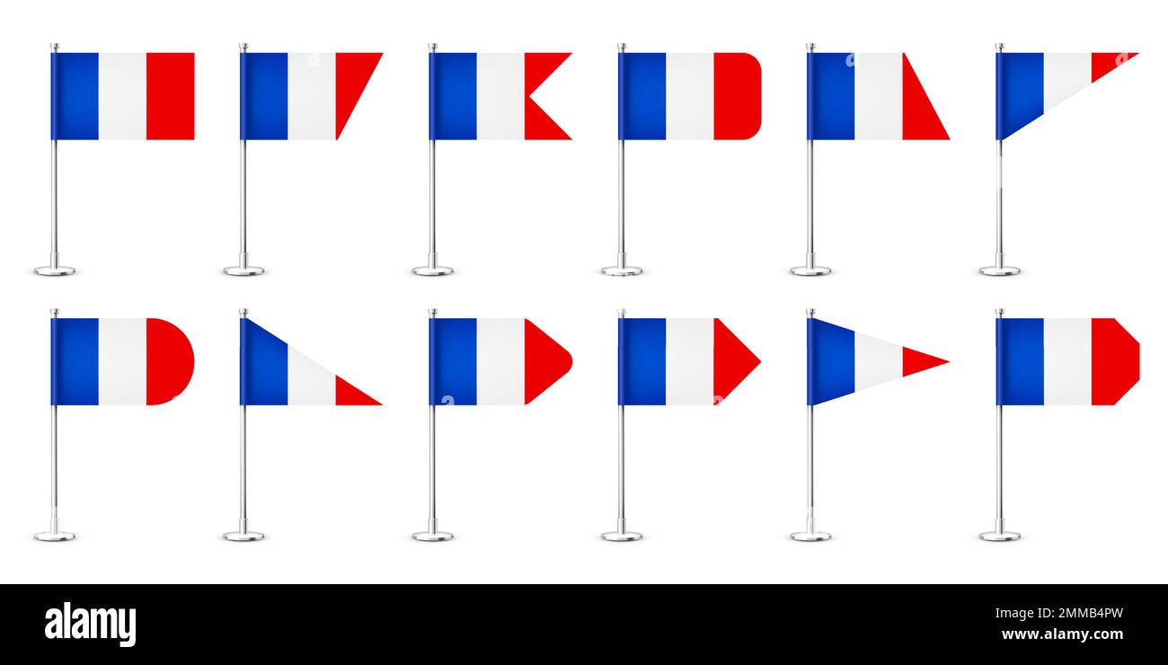 Realistic various French table flags on a chrome steel pole. Souvenir ...