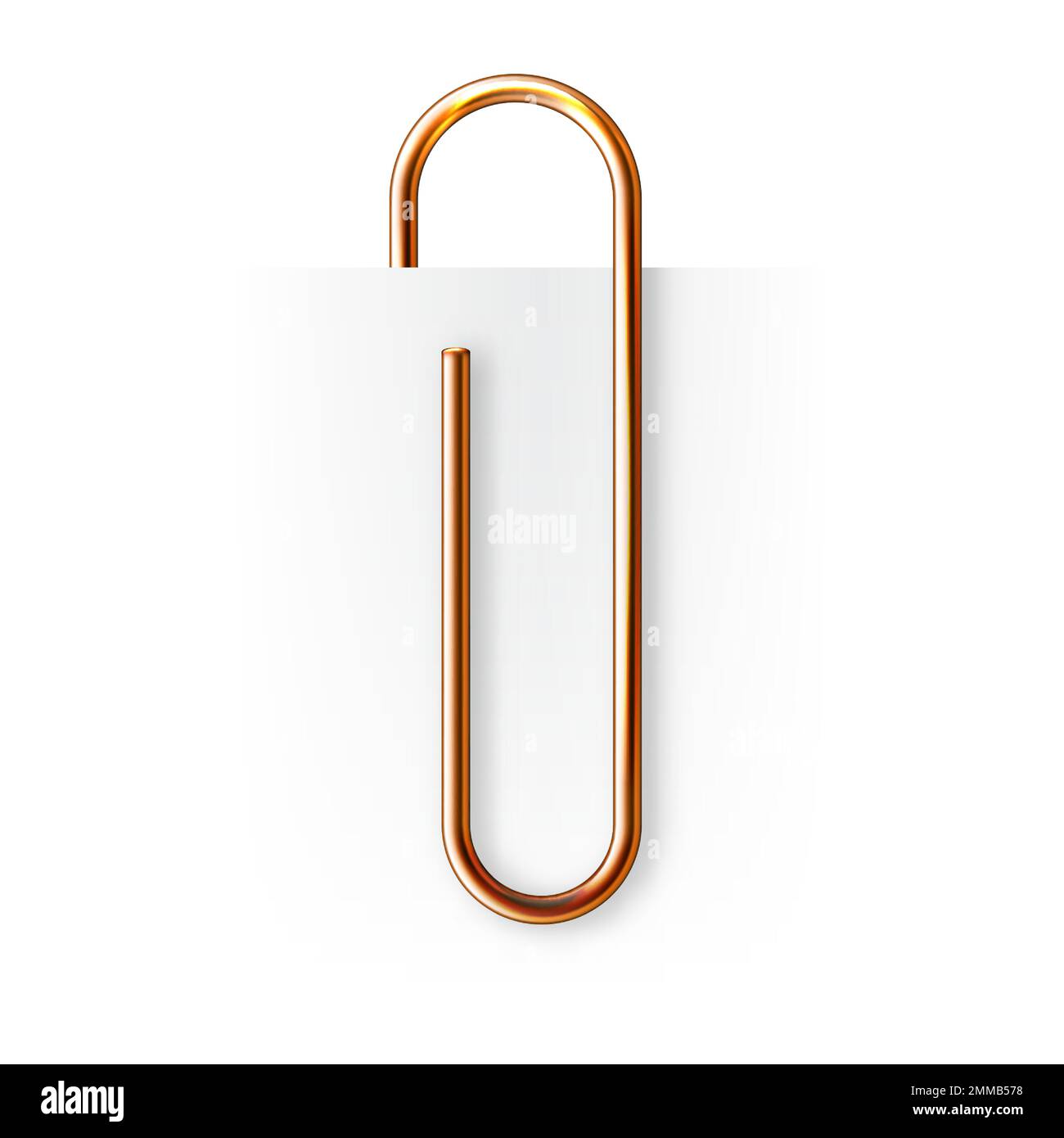 Realistic copper paperclip attached to paper isolated on white ...