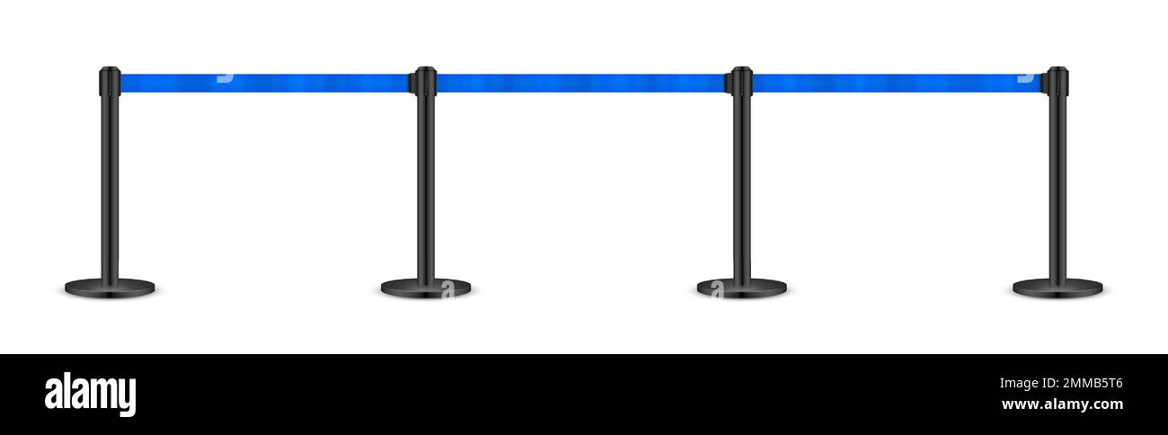 Realistic blue retractable belt stanchion. Crowd control barrier posts ...