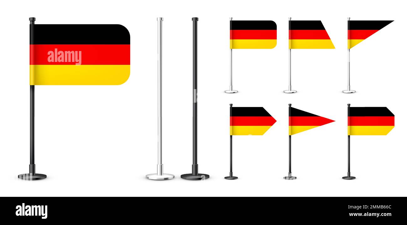 Realistic various German table flags on a black steel pole. Souvenir ...