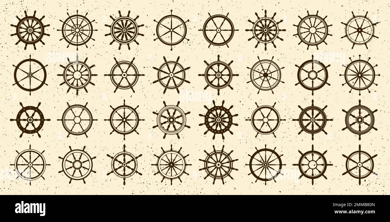 Collection of grunge vintage steering wheels. Ship, yacht retro wheel ...