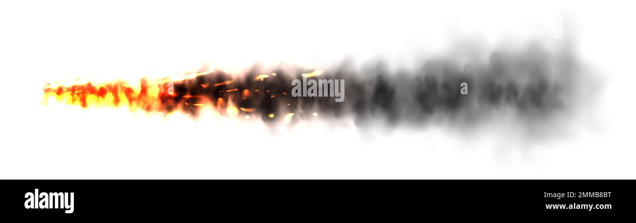 Realistic black smoke with fire, space rocket launch trail. Fire burst ...