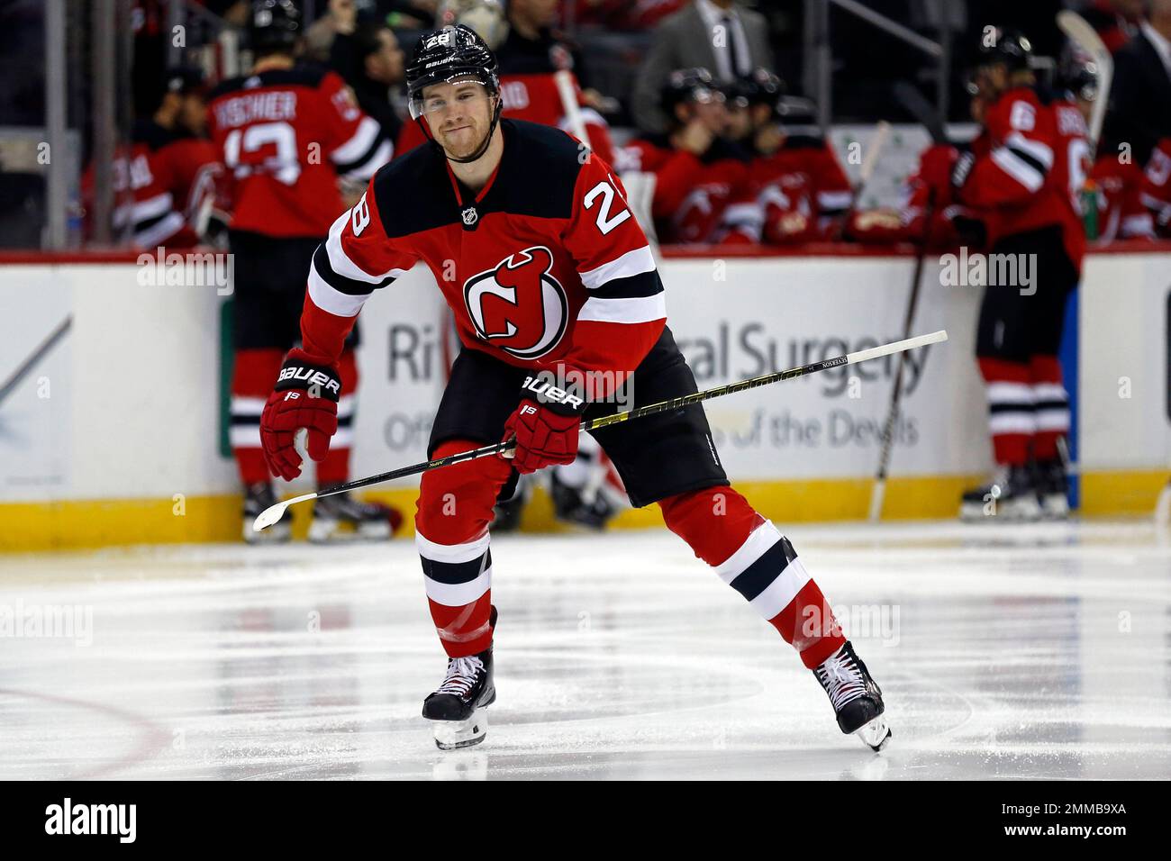New Jersey Devils defenseman Damon Severson (28) skates prior to taking ...