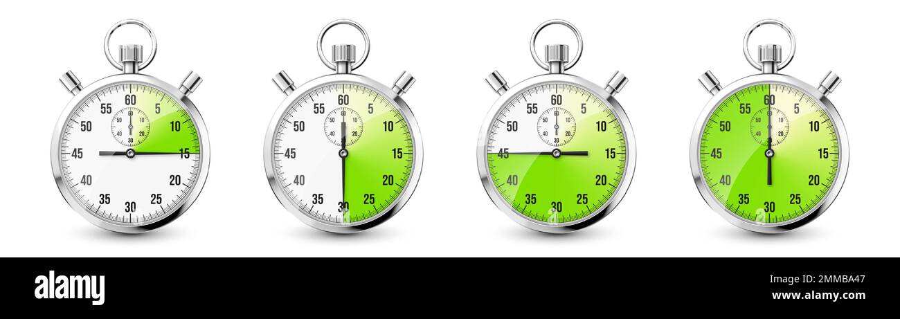 Realistic classic stopwatch icons. Shiny metal chronometer time counter ...