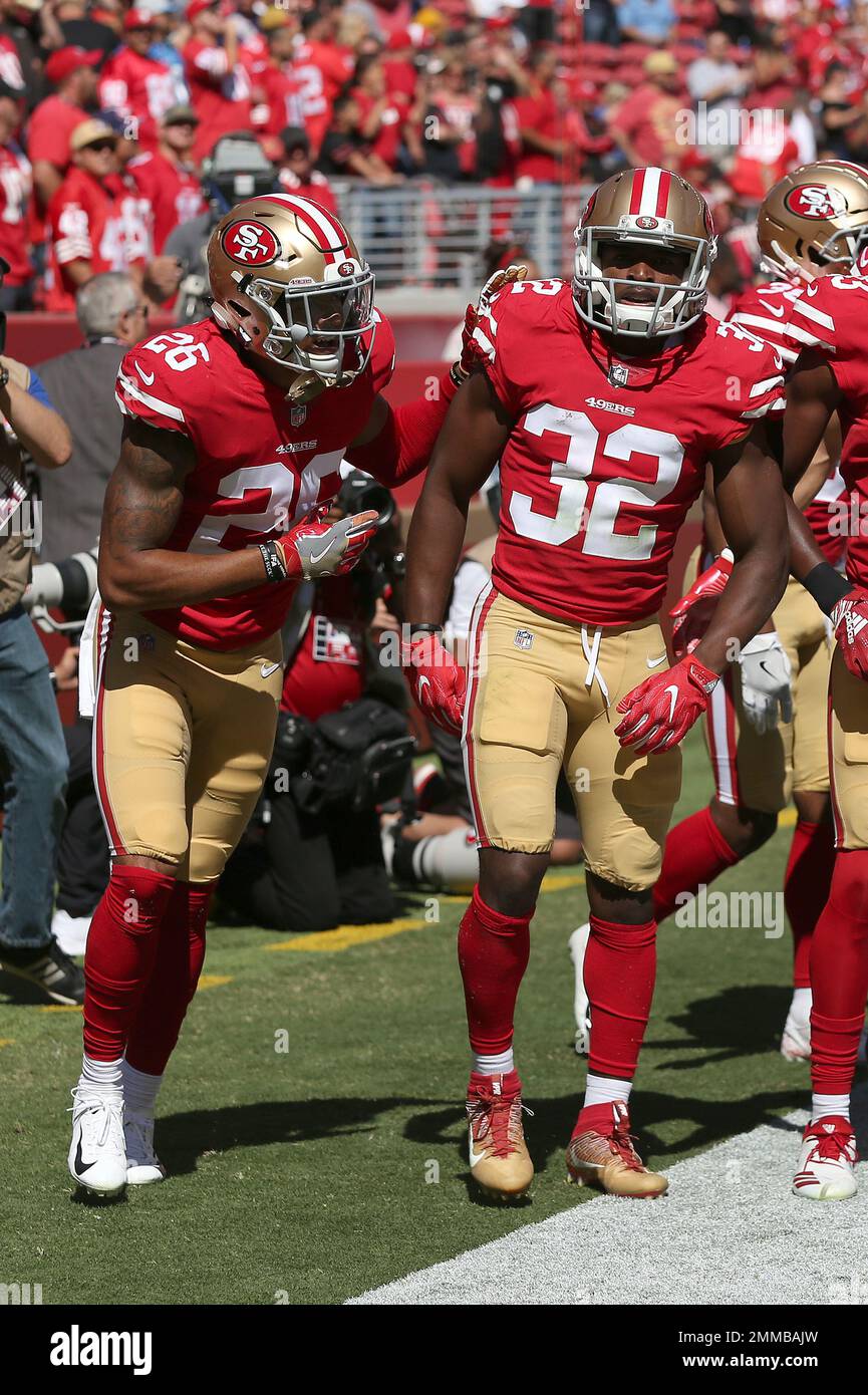San Francisco 49ers kick returner D.J. Reed Jr (32) celebrates a play ...