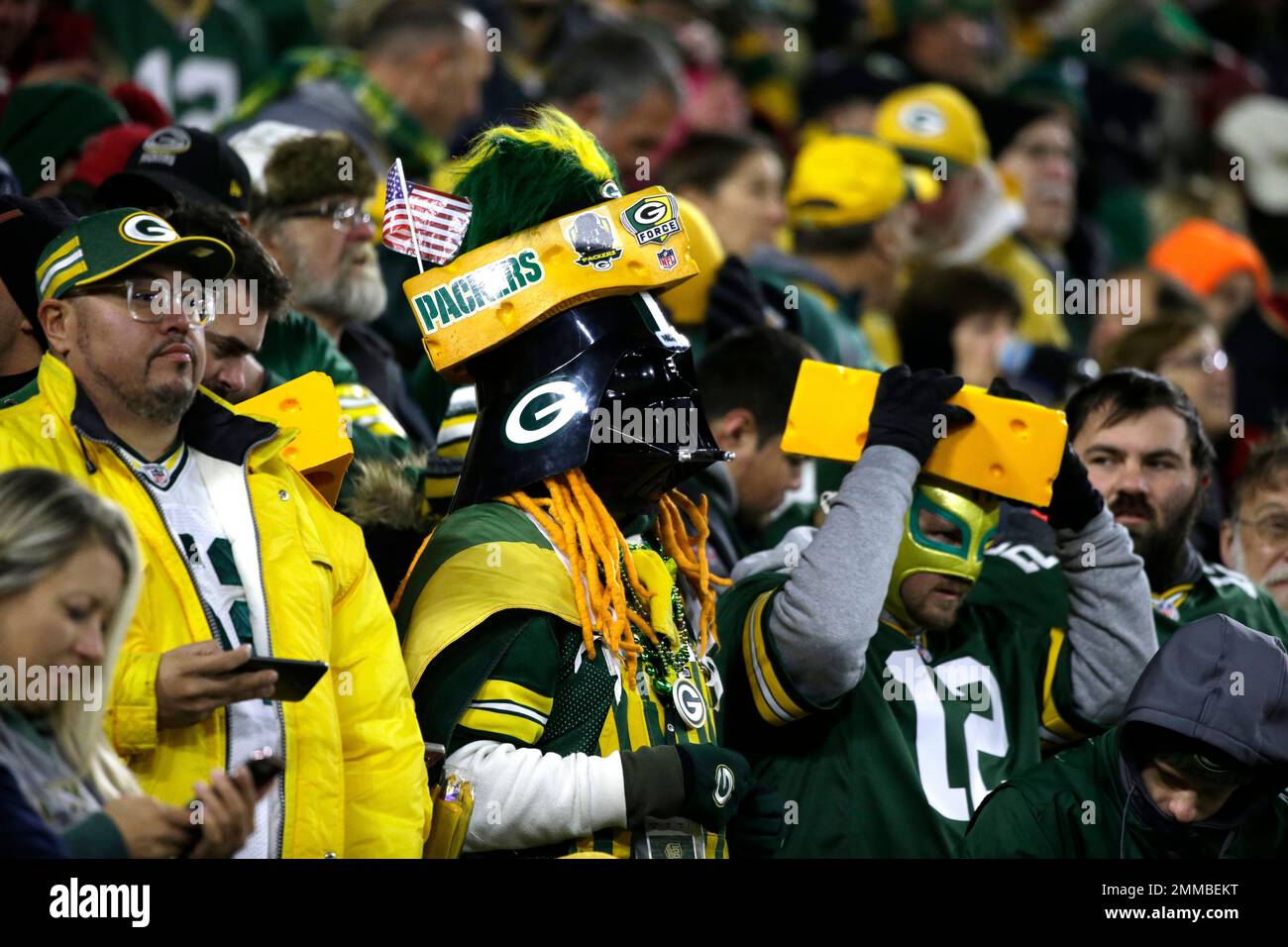 A Green Bay Packers fan wears a Darth Vader mask before an NFL football ...