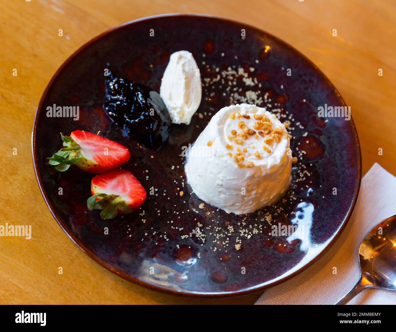 Soft cheese faisselle with strawberry and confiture Stock Photo - Alamy