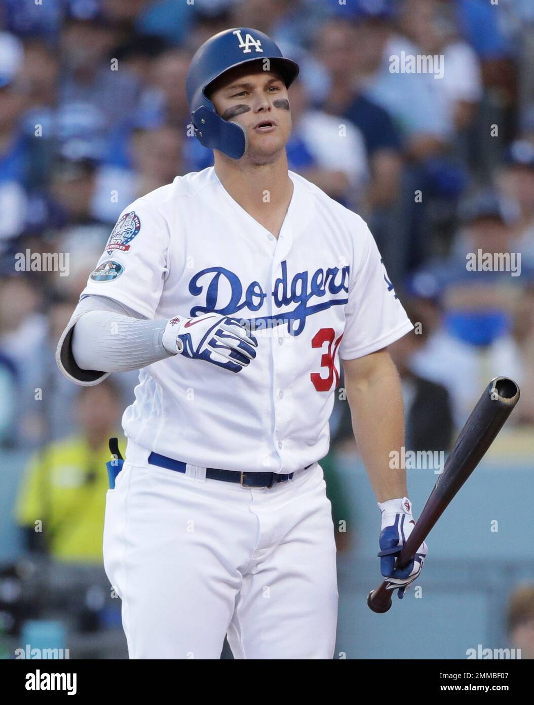 Los Angeles Dodgers' Joc Pederson reacts after striking out during the ...